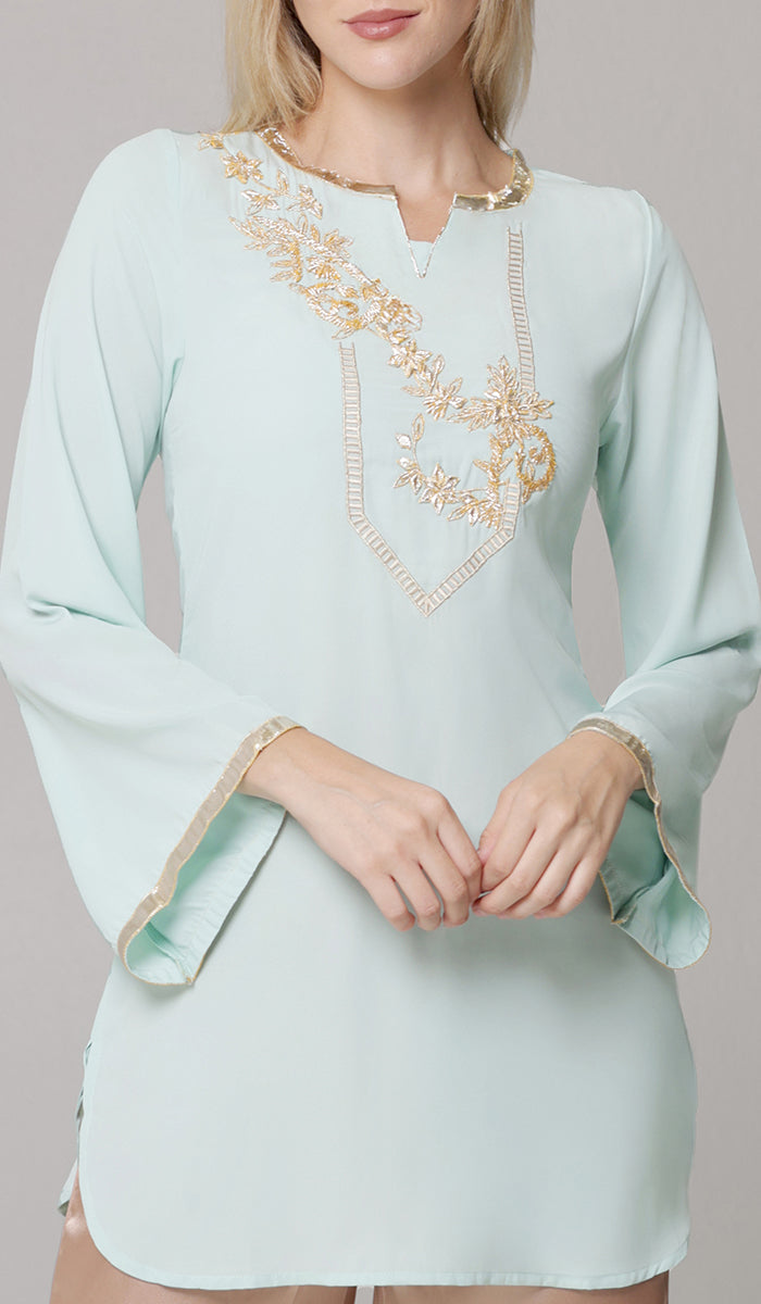 Ana Mint Green Gold Embellished Modest Formal Tunic | Modest Muslim ...