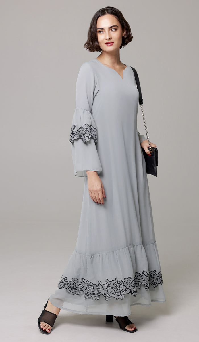 Mahin Gray and Black Embroidered Chiffon Modest Long Maxi Dress ...