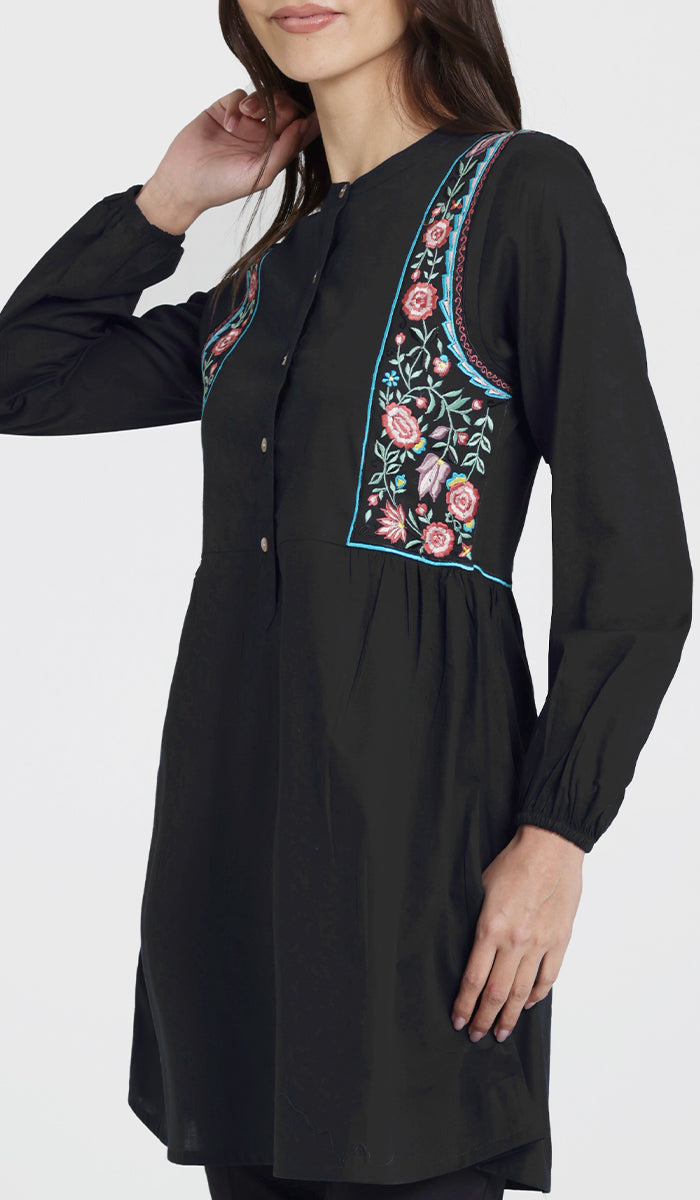 Marzo Embroidered Cotton Modest Tunic - Black | Muslim Clothing ...