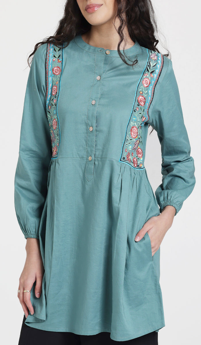 Marzo Embroidered Cotton Modest Tunic - Sea Green | Muslim Clothing ...