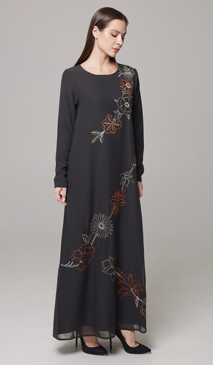 Saman Black Embroidered Chiffon Modest Long Maxi Dress | Modest Muslim ...