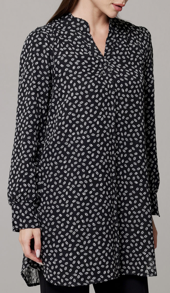 Shaina Long Print Chiffon Modest Top - Black and White Dot | Modest ...