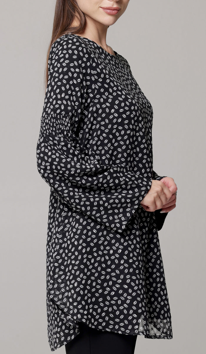 Sundus Long Chiffon Print Modest Top - Black and White Dot | Modest ...