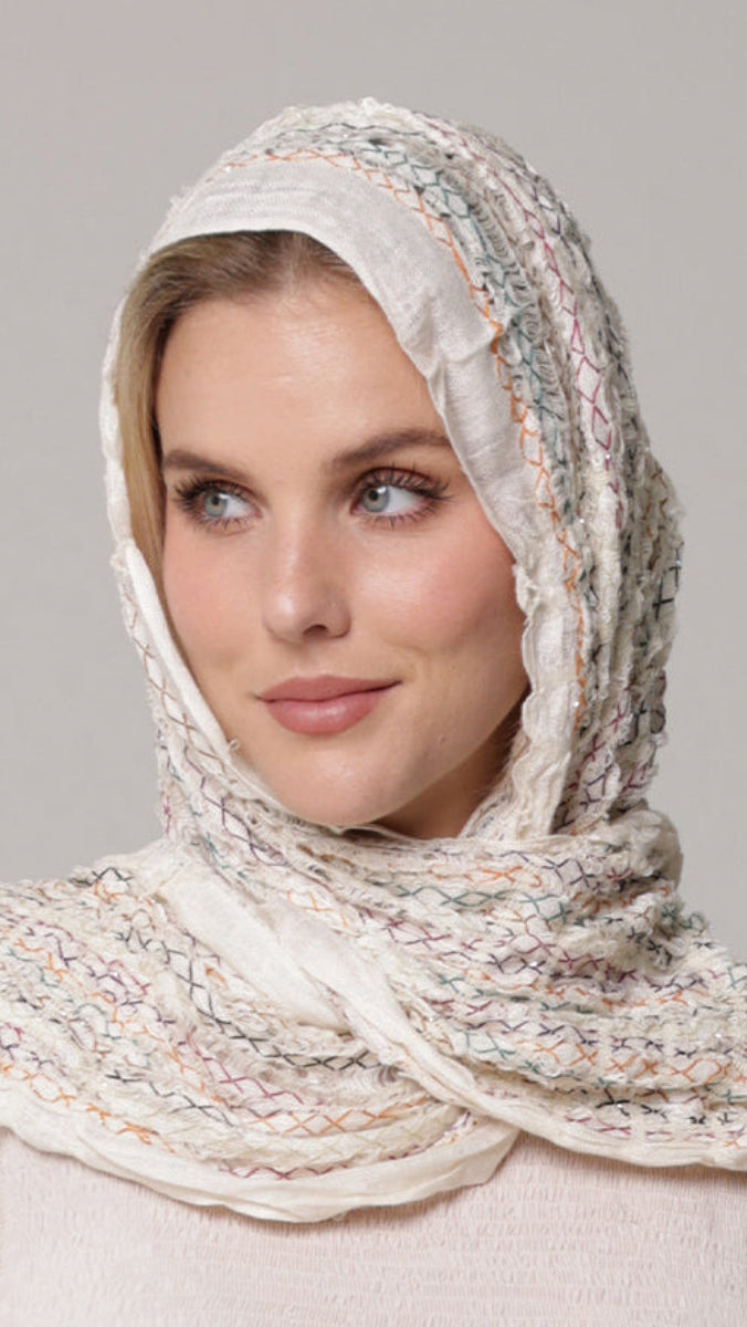 Tara Stretchy Embroidered Wrap Hijab Scarf - Cream/Multi | Islamic ...