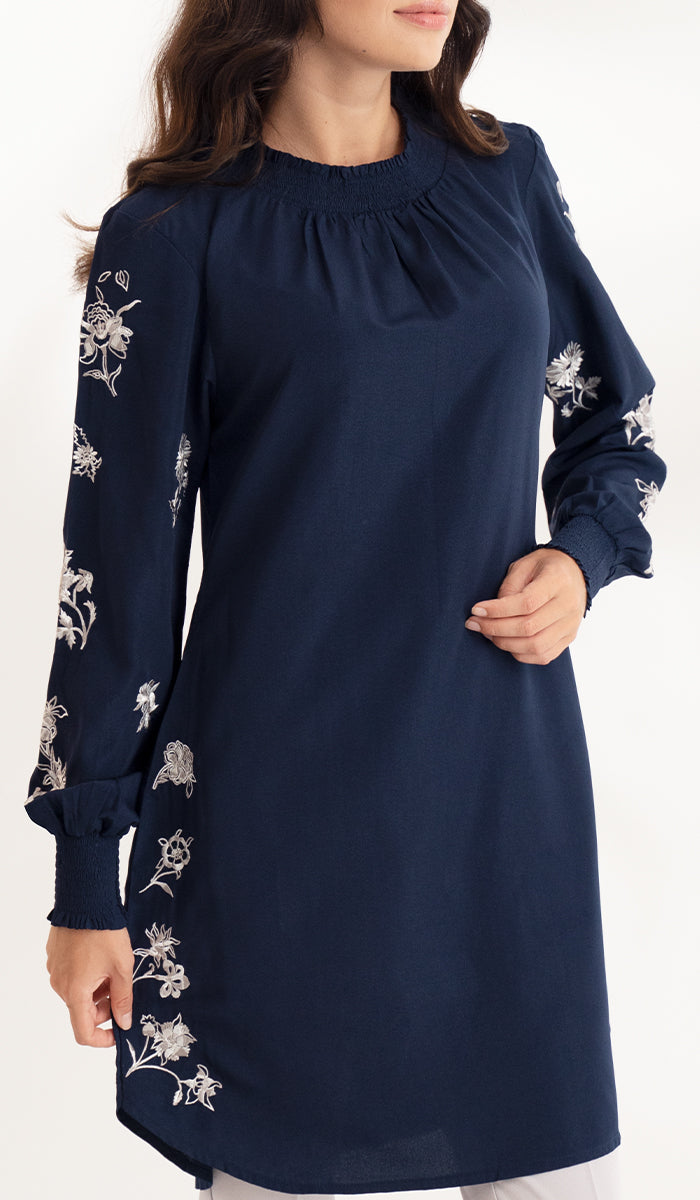 Golnar Navy Blue Embroidered Long Modest Tunic | Hijab Fashion ...
