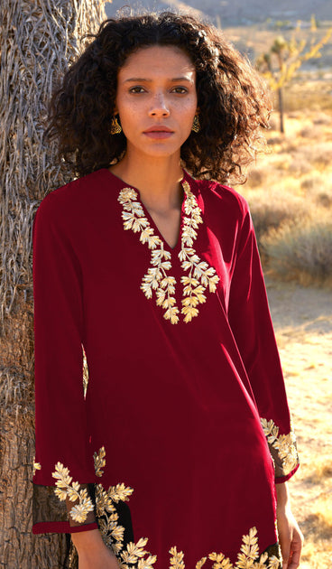 Ruby Red and Gold Embroidered Moroccan Long Modest Tunic | Hijab ...