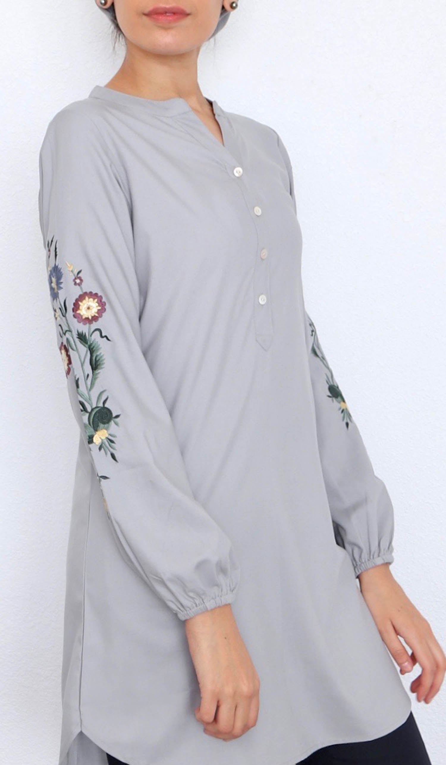 Zafira Embroidered Cotton Blend Modest Tunic - Light Gray | Muslim ...